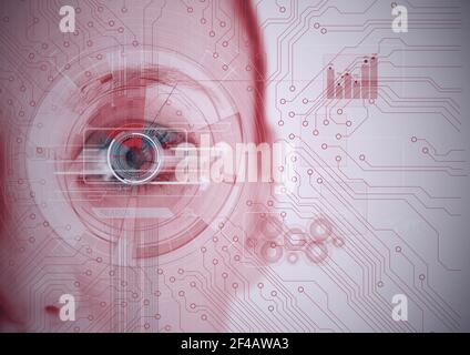 Round scanner and microprocessor connections against close up of female ...