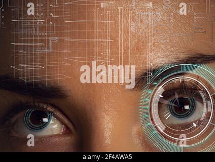 Round scanner and microprocessor connections against close up of female ...
