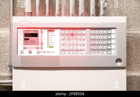 Fire alarm system in trouble. Control panel display with error message ...