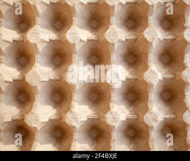 empty recycled cardboard egg box on a rustic wooden background with ...