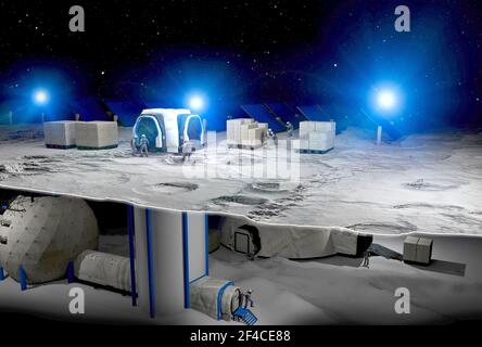 Lunar base, spatial outpost. First settlement on the moon. Space ...