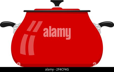 Red pan, saucepan, pot, casserole, cooker, stewpan with boiling water ...