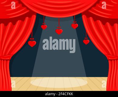 Picture Cartoon Theater with red backstage spotlight and red hearts on ...