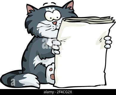 Cartoon Illustration of Cat Reading a Newspaper in his Litter Box Stock ...