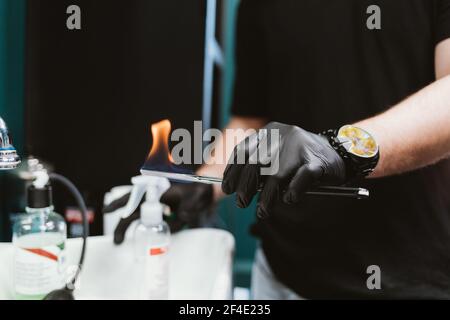 Flame sanitize straight razor tool for shaving using alcohol spray ...