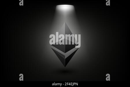 Black ethereum logo on dark purple background and blue light rays ...