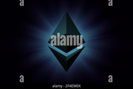 Black ethereum logo on dark background under the overhead light ...