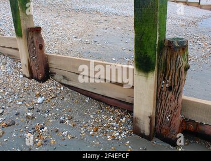 Wooden sea defence structures on the beach in Kingsdown Kent Stock ...