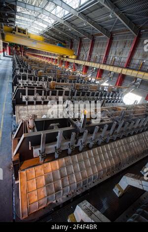 Aluminum electrolysis plant. Panorama view of factory workshop Stock ...