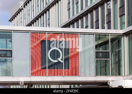 Logo QVC at the German headquarters, teleshopping channel, e-commerce ...