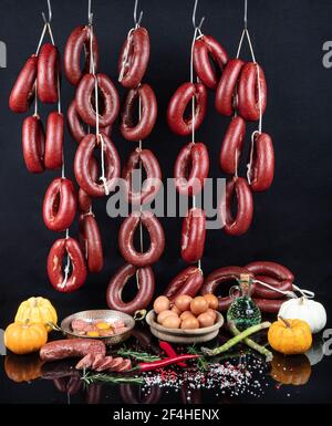 Traditional Turkish halal sucuk, a dry, spicy and fermented sausage ...