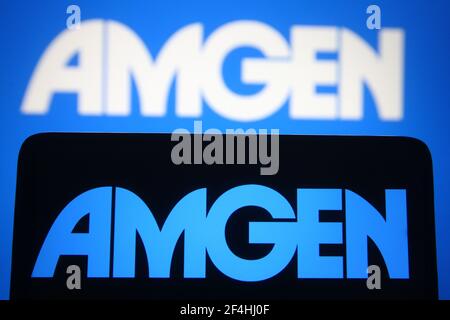 In this photo illustration, the Amgen company logo is seen displayed on ...