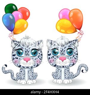 Cartoon snow leopard couple with expressive eyes among flowers, hearts ...