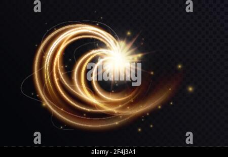Golden luminous swirl shape, abstract light effect vector illustration. Luxury sparkling neon ...