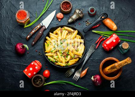 traditional soviet russian pasta dish, vermicelli, navy pasta, with ...