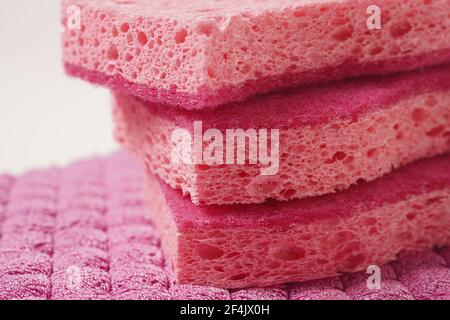 Pink cleaning sponges and multicolor micro Fiber cleaning cloths Stock ...
