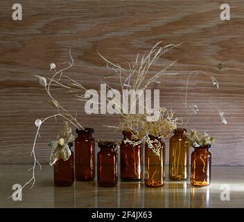 Dried healing plants on wooden background for recipes Stock Photo - Alamy