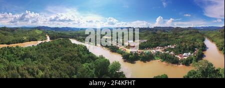 Aerial panoramatic view of traditional Dayak Longgie village in heart ...