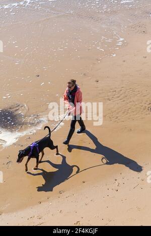 A woman walks with her dog during a warm and sunny day in downtown ...