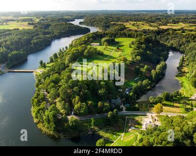 Aerial landscape landscape of Dubingiai Castle Hill, former island, now ...