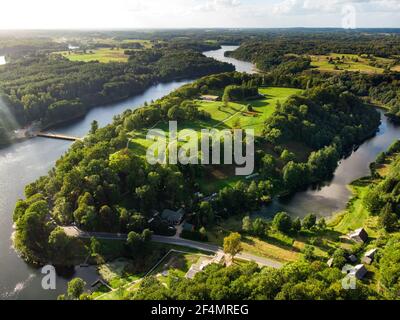 Aerial landscape landscape of Dubingiai Castle Hill, former island, now ...
