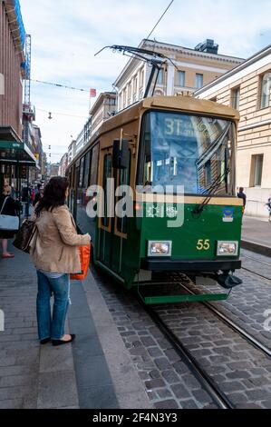 Helsinki, Finland. Tram Stop On Street Aleksanterinkatu In Helsinki ...