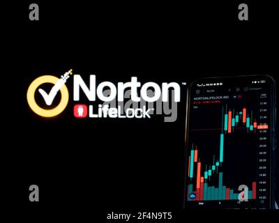 In this photo illustration a NortonLifeLock Inc logo is seen on a ...
