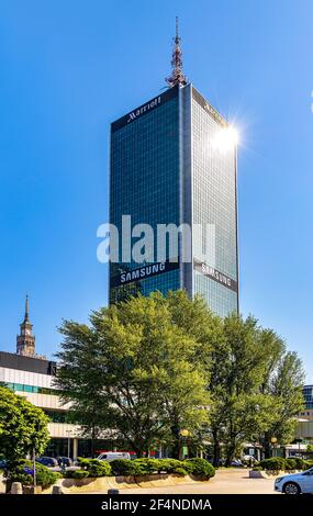 Warsaw, Poland, the Marriott Hotel in the city center in the evening ...