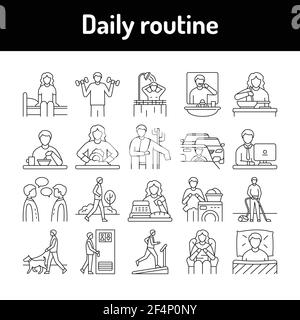 Man daily routine icons set day work and rest life schedule isolated ...