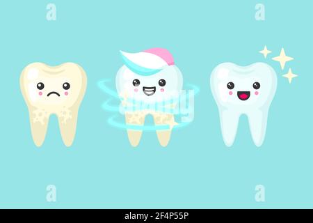 Cartoon teeth whitening. White clean tooth mascot, tooth brushing and ...