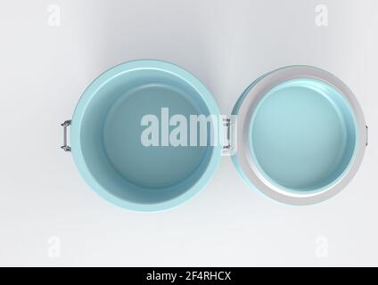 A collection of blue ceramic kitchen storage containers with wire ...