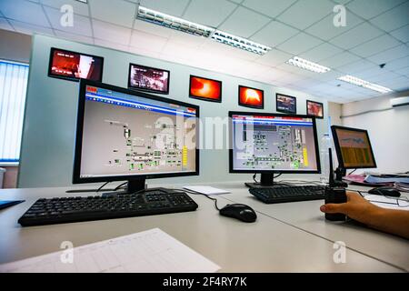 Standard Cement plant. Operational control room. Computer and video ...