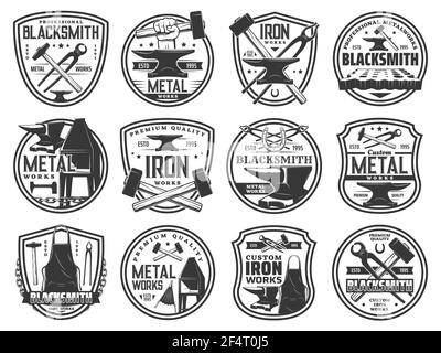 Blacksmith profession vector icons, hand forged products, clothing ...