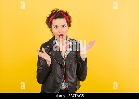portrait of surprised pin up woman with red lips. cute girl posing in ...
