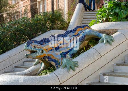 The Dragon Stairway. Park Guell by Antoni Gaudi architect. Barcelona ...