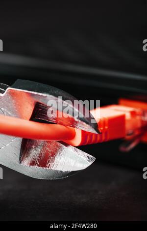 Disconnecting the Internet connection, cutting off the yellow Ethernet ...