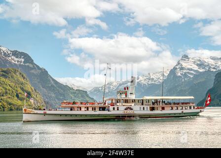 Paddle Wheel Steam Ship "Gallia" at Vitznau Quay, Lake Lucerne ...