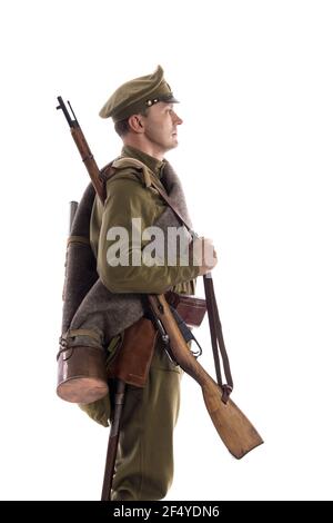 Male actor in the form of ordinary soldiers of the Russian army during ...