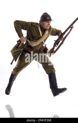 Caricatured changes Male actor in uniform and helmet ordinary soldier ...