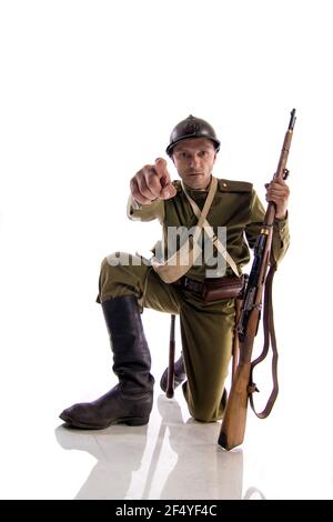 Caricatured changes Male actor in uniform and helmet ordinary soldier ...