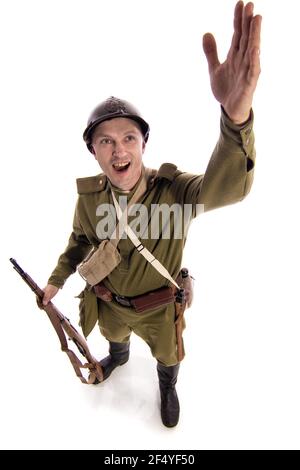 Caricatured changes Male actor in uniform and helmet ordinary soldier ...