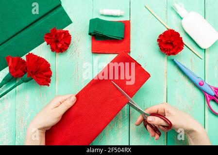 How to make a carnation flower at home. Hands make a red carnation ...
