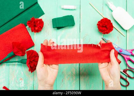 How to make a carnation flower at home. Hands make a red carnation ...