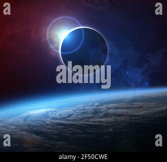 A Total Eclipse of the Sun. Moon and colorful nebula. The moon covers ...