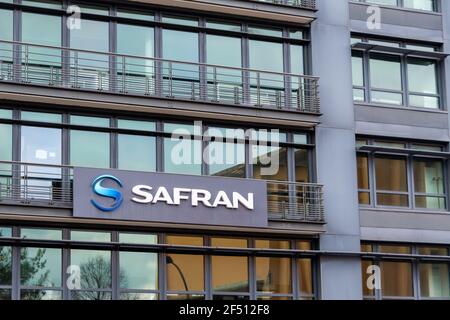 The logo of French defense and aerospace equipment maker Thales SA is ...