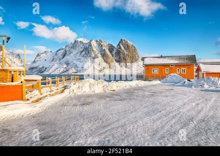 Astonishing winter view of Sakrisoy village and snowy mountaines on ...