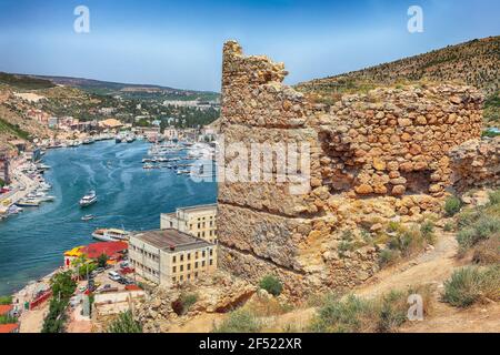 Scenic view of Balaclava bay with yachts from the ruines of Genoese ...