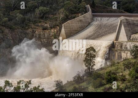 Googong Dam, NSW, Australia, 24/03/21. Googong Dam releasing excess ...