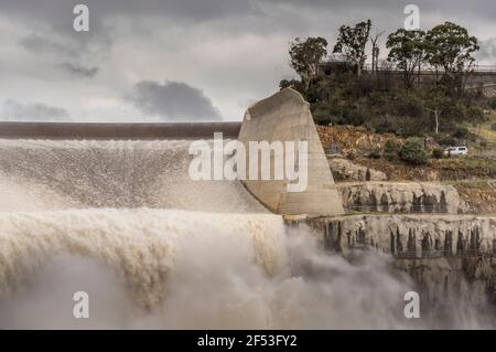 Googong Dam, NSW, Australia, 24/03/21. Googong Dam releasing excess ...