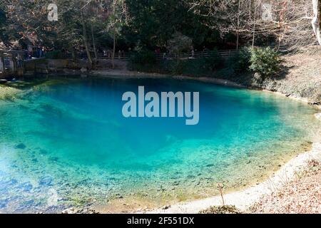 Beautiful reflective lake with dry trees on the background of a bridge ...